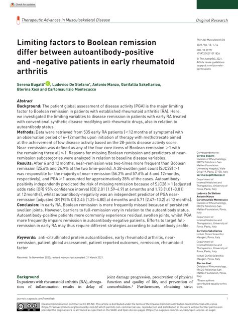 Pdf Limiting Factors To Boolean Remission Differ Between Autoantibody Positive And Negative