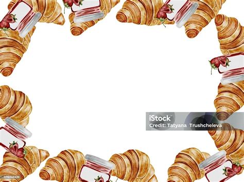 크로와상 수채화 액자입니다 손으로 그린 그림 딸기 잼을 곁들인 신선한 프렌치 롤빵 음식 클립 아트 베이커리 프린트 엽서 및 페이스트리 가게 포스터에 이상적입니다 달콤한