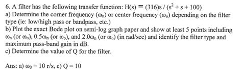 solved 6 a filter has the following transfer function h s
