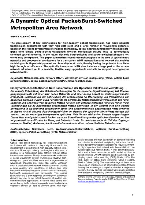 Pdf Dynamic Optical Packetburst Switched Metropolitan Area Network