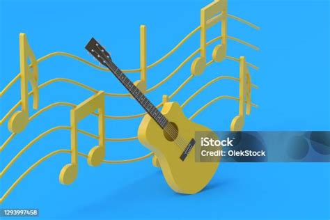 하나의 빈티지 기타와 파란색 배경에 다른 노트 복고풍 현악기 음악 교육 라이브 콘서트 컨셉 어쿠스틱 사운드 3d 렌더링 0명에 대한 스톡 사진 및 기타 이미지 Istock