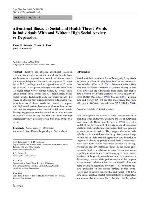 Pdf Attentional Biases To Social And Health Threat Words In Individuals With And Without High