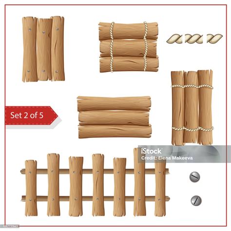나무 울타리 밧줄 배너 흰색 배경에 고립 된 목재로 묶여 질감판 게임 자산 요소 로프 요소 와 손톱 벡터 만화 스타일의 클립