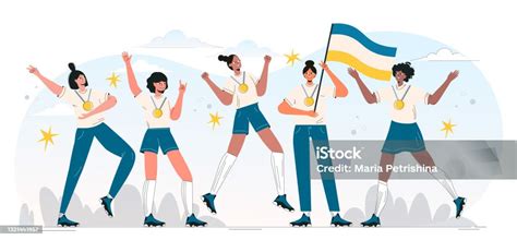 챔피언 금메달을 획득한 젊은 우승자 스포티한 여성 그룹 챔피언십 후 행복한 운동 선수 여성 친구 승리와 성공을 축하하는 다양한 여자 팀 플랫 벡터 컨셉 일러스트레이션 다민족