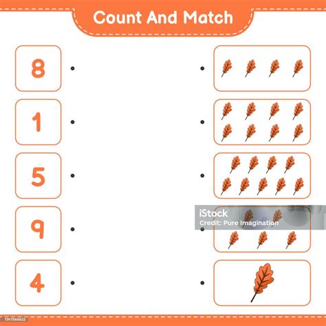 카운트 앤 매치 오크 리프의 수를 계산하고 올바른 숫자와 일치합니다 교육 어린이 게임 인쇄 워크 시트 벡터 일러스트레이션 0명에 대한 스톡 벡터 아트 및 기타 이미지