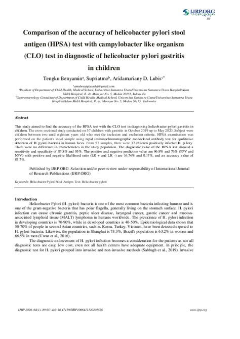 Pdf Comparison Of The Accuracy Of Helicobacter Pylori Stool Antigen Hpsa Test With