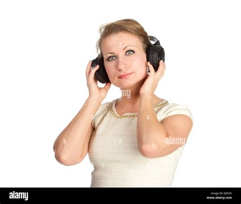 Woman With Big Black Earphones Stock Photo Alamy
