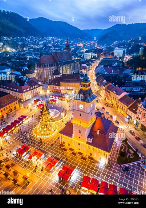 Brasov Romania Christmas Market Twilight Beautiful Lights Aerial