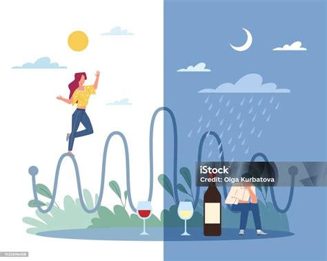 심리적 상태 양극성 장애 행복과 우울증 남자와 여자는 불안정한 기분과 알코올 중독 나쁘고 좋은 것 분열 된 성격 정신 건강 벡터 만화 플랫 개념 개념에 대한 스톡 벡터 아트