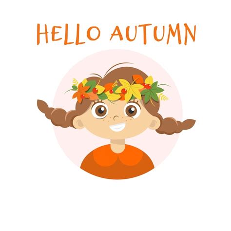 단풍의 화환을 가진 귀여운 소녀 안녕하세요 가을 카드 어린 소녀의 만화 아바타 초상화 프리미엄 벡터