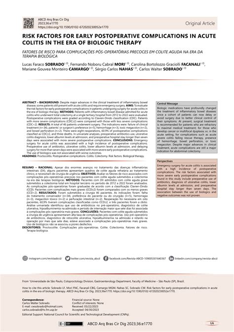 Pdf Risk Factors For Early Postoperative Complications In Acute Colitis In The Era Of Biologic