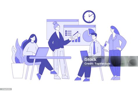 사무실 직원 와 남자와 여자 토론하다 차트 와 도표 와 회사 통계 일 함께 벡터 일러스트 경영자에 대한 스톡 벡터 아트 및 기타
