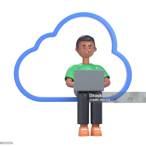 잘 생긴 아프리카 남자 데이비드의 3d 일러스트 레이 션은 파란색 배경 위에 구름에 노트북으로 작업 빅 데이터 클라우드 기술 개념 흰색 배경에 3d 렌더링 공학에 대한 스톡