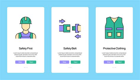 아이콘이 있는 모바일 앱 페이지 화면을 켜는 작업 안전 개념 Ux Ui 디자인 템플릿 벡터 일러스트레이션 건강관리와 의술에 대한 스톡 벡터 아트 및 기타 이미지 Istock