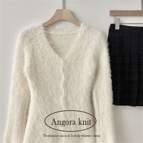👼여신템털빠짐x 여리여리 슬림핏 청순 앙고라 모헤어 퍼 니트 긴팔 니트 브이넥 가디건 2color 에이블리