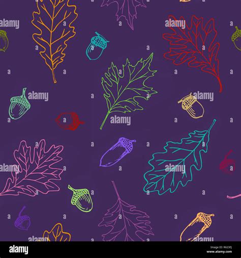 Eichenlaub Und Eichel Bunte Nahtlose Muster Design Hand Gezeichnet Doodle In Lila Hintergrund