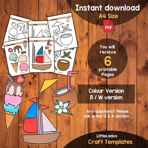 Summer Cut And Paste Craft Ice Cream Coconut And Boat Craft Template