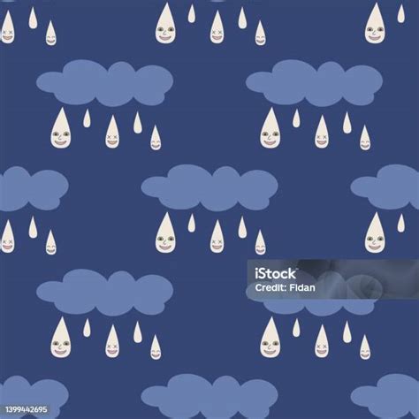 원활한 벡터 비오는 날씨 구름 패턴 얼굴과 함께 빗방울의 그림 디자인 직물 섬유 커버 포장을위한 배경 구름에 대한 스톡 벡터 아트 및 기타 이미지 Istock