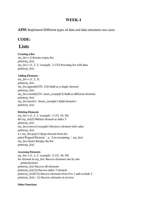 Dap Lab Manual Week Aim Implement Different Types Of Data And Data Structures Use Cases Code