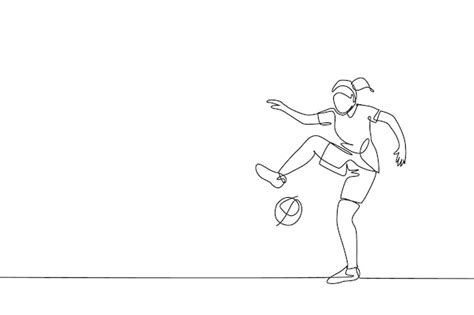 공을 저글링하는 스포티한 여자 축구 프리스타일러 선수 연습의 연속 선 그리기 프리미엄 벡터