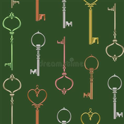 Seamless Vector Pattern With Victorian Vintage Keys On Green Background Stock Vector