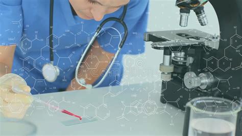 Examining Sample Under Microscope Scientist Viewing Chemical Examining Sample Under Microscope Scientist Viewing Chemical