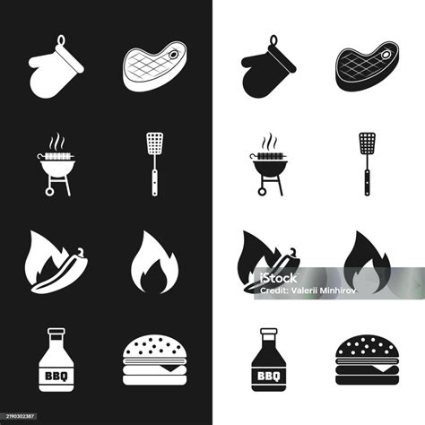 세트 바베큐 주걱 구운 시시 케밥 오븐 장갑 스테이크 고기 핫 칠리 페퍼 포드 불 불꽃 버거와 케첩 병 아이콘 벡터 검은색에 대한 스톡 벡터 아트 및 기타 이미지 Istock