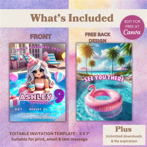 Pool Party Roblox Girl Pool Party Roblox Girl Bday Invitation Gamer Girly Birthday Invitation
