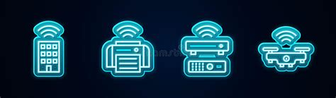 Set Line Smart Home With Wireless Printer Wireless Tv Box Receiver And Drone Glowing Neon