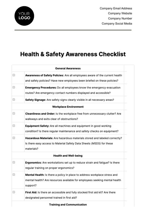 Free Health Safety Awareness Checklist Template To Edit Online