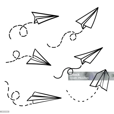 벡터 종이 비행기 여행 노선 기호입니다 벡터 일러스트 레이 션의 손으로 그려진된 종이 비행기의 집합입니다 격리 개요입니다 손으로 그린된 낙서 비행기입니다 검은 선형 종이