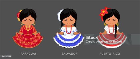민족 민족 복장을 한 라틴 아메리카 여성 만화 캐릭터 전통 민속 의상을 입은 파라과이 엘살바도르 푸에르토리코 소녀들 벡터 평면 그림입니다 가족에 대한 스톡 벡터 아트 및