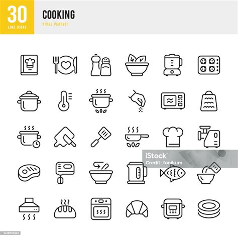 요리 얇은 선 벡터 아이콘 세트 30 아이콘 픽셀 완벽한 세트에는 요리 책 요리사의 모자 조리 팬 스튜 냄비 오븐 멀티 쿠커 빵