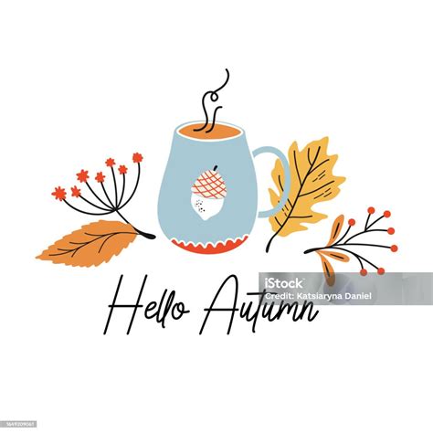 손으로 그린 식물 요소와 뜨거운 음료 한잔이 있는 가을 구성 가을 분위기 슬로건이 있는 벡터 가을 그림 계절에 따라 귀여운 프린트 0명에 대한 스톡 벡터 아트 및 기타