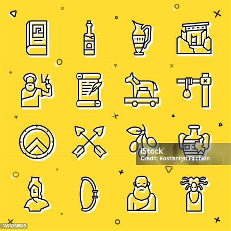 세트 라인 메두사 고르곤 깨진 암포라 교수대 고대 법령 양피지 두루마리 제우스 그리스 역사책 및 트로이 목마 아이콘 벡터 0명에 대한 스톡 벡터 아트 및 기타 이미지