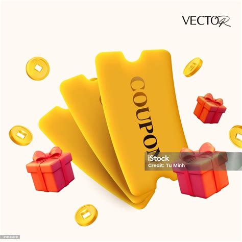 비행 동전과 빨간 선물 상자를 가진 황금 쿠폰의 3d 더미 백색 배경에 고립되어 있습니다 쿠폰 코드가 있는 상품권 배너 템플릿입니다 3d 선물 쿠폰 벡터 3차원 형태에 대한