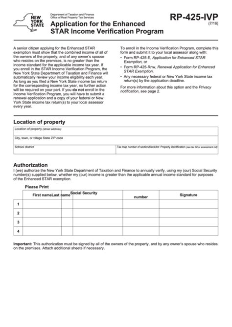 Fillable Form Rp 425 Ivp Application For The Enhanced Star Income Verification Program