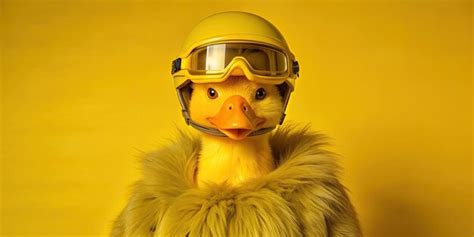 A Duck Wearing A Yellow Helmet And Goggles With A Yellow Background