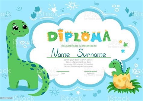 귀여운 공룡이있는 유치원 또는 초등 학년의 어린이와 어린이를위한 다채로운 학교 및 유치원 졸업장 증명서 벡터 만화 일러스트 레이 션 유치원에 대한 스톡 벡터 아트 및 기타