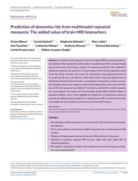 Pdf Prediction Of Dementia Risk From Multimodal Repeated Measures The Added Value Of Brain
