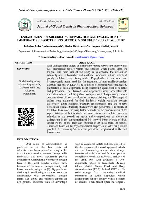 Pdf Enhancement Of Solubility Preparation And Evaluation Of Immediate Release Tablets Of