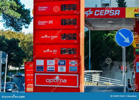 Display With Gas Prices Diesel And Unleaded Gasoline At Cepsa Gas Station Editorial Stock