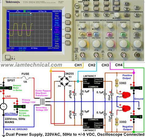 VAC To V DC Dual Power Supply Output Connected To Four Channel Digital Storage