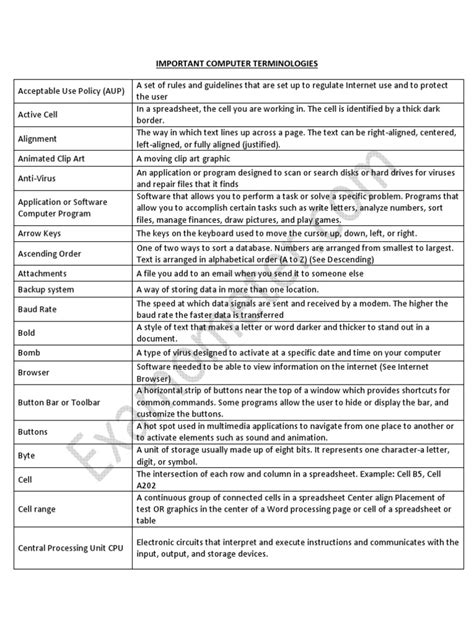 Important Computer Terminologies Pdf Personal Computers Spreadsheet