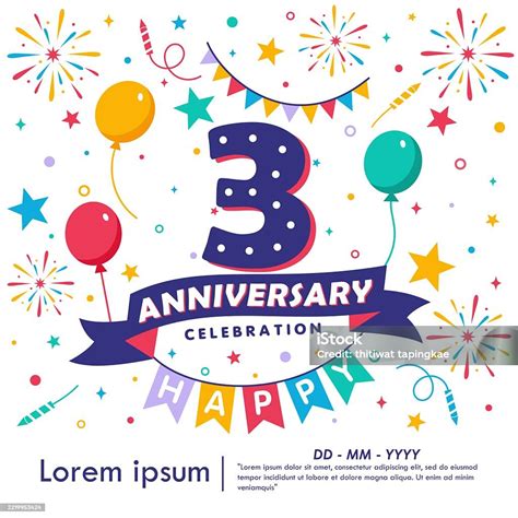 3주년 기념 엠블럼 축하 기념일 로고는 풍선 멧새 깃발 리본 불꽃 놀이 및 별과 함께 격리되어 있습니다 웹 전단지 포스터 인사말 카드에 대한 벡터 일러스트 레이 션 템플릿