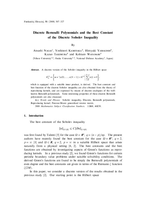 Pdf Discrete Bernoulli Polynomials And The Best Constant Of The Discrete Sobolev Inequality