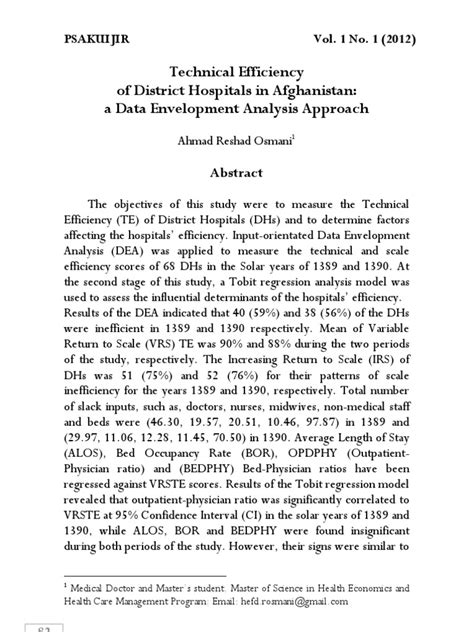 Pdf Technical Efficiency Of District Hospitals In Afghanistan A Data Envelopment Analysis