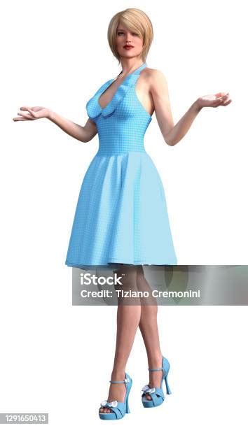 밝은 파란색 드레스와 신발 3d 일러스트레이션을 입은 매력적인 소녀 이브닝웨어에 대한 스톡 사진 및 기타 이미지 이브닝웨어 20 24세 20 29세 Istock