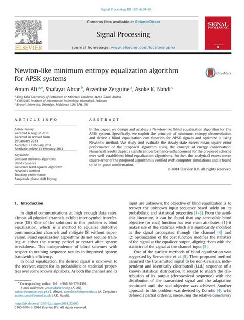 Pdf 2014 Newton Like Minimum Entropy Equalization Algorithm For Apsk