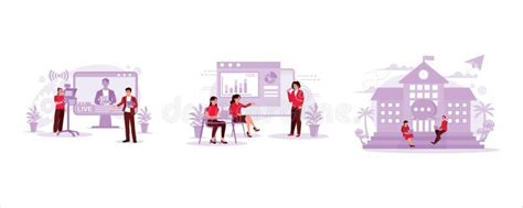 Newsreaders Do Live Broadcasts Young Manager Presenting In Front Of